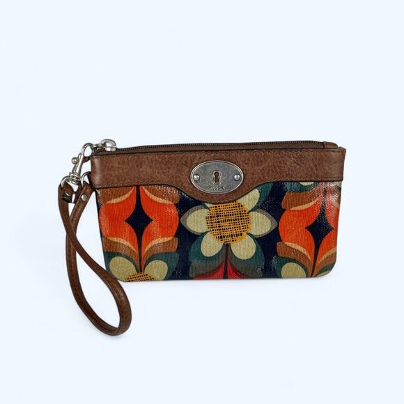 Fossil | Bags | Fossil Keyper Zip Wallet Coated Canvas Leather Clutch ...
